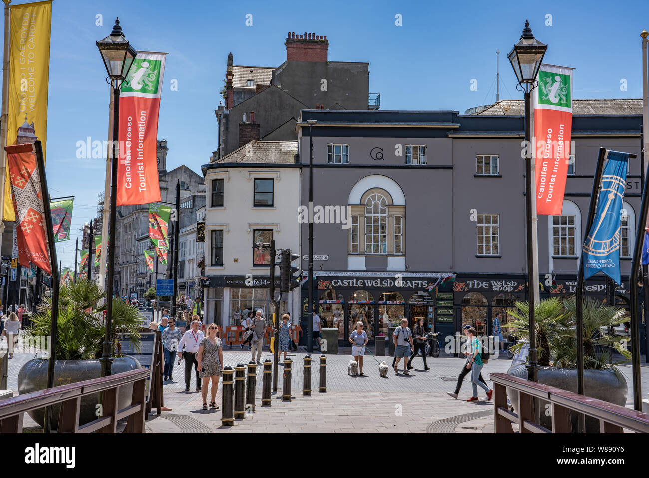 Shops and high street outside Cardiff Castle in Wales Stock Photo - Alamy