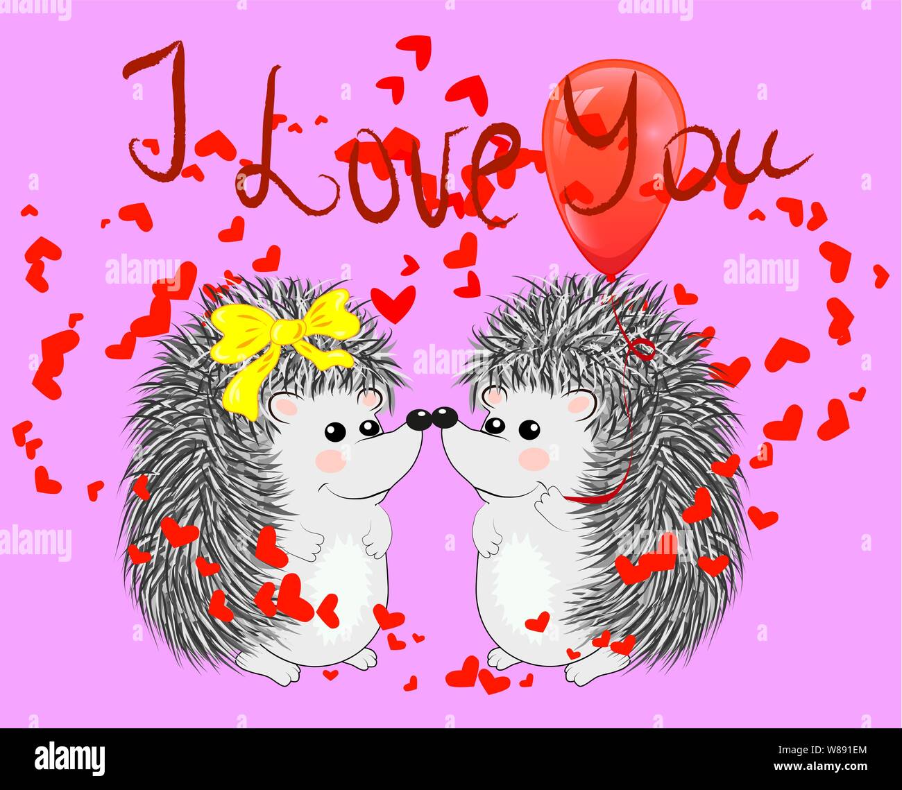 Invitation card with cute cartoon Hedgehogs in love with Heart and ...