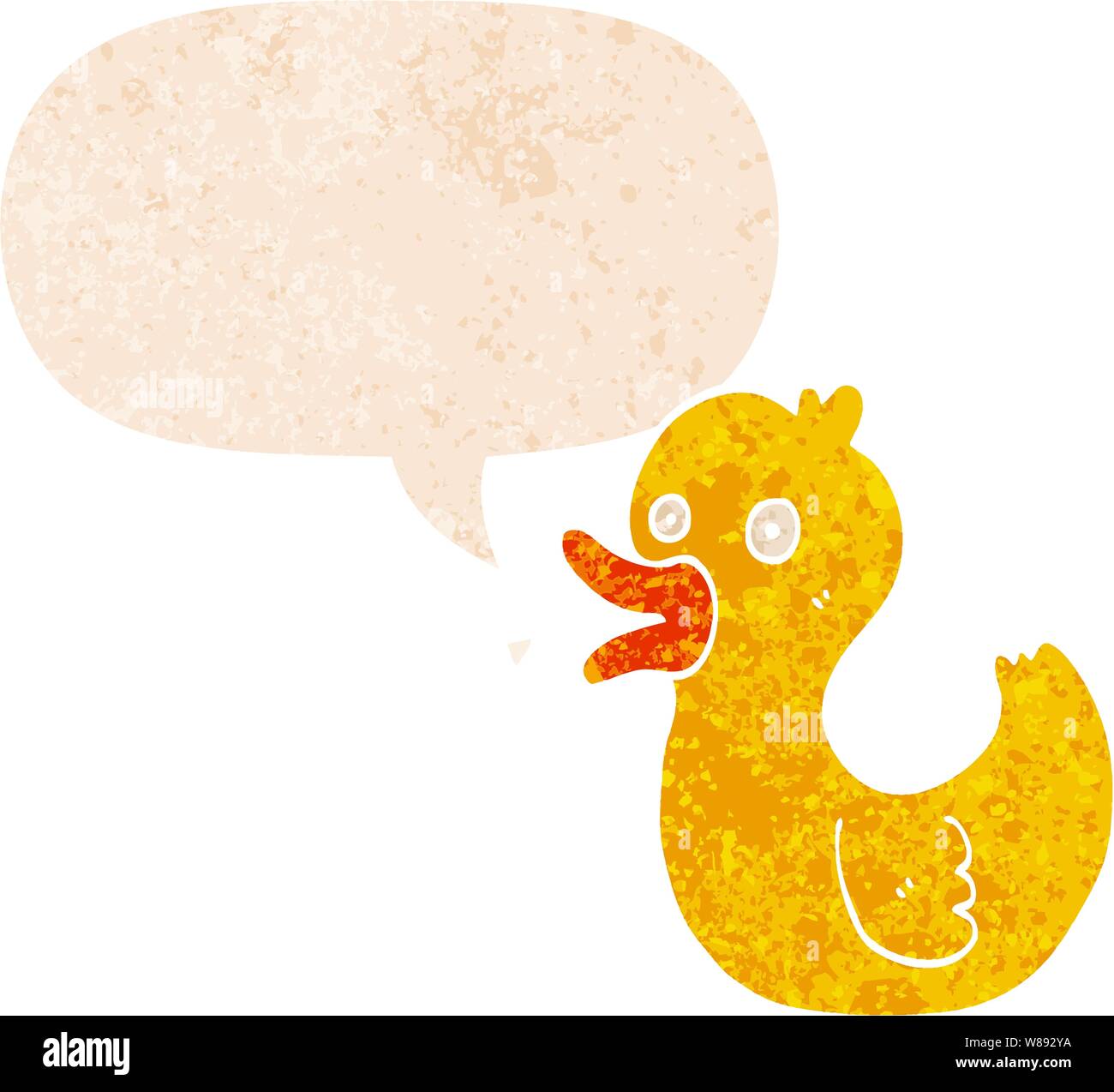 cartoon quacking duck with speech bubble in grunge distressed retro ...