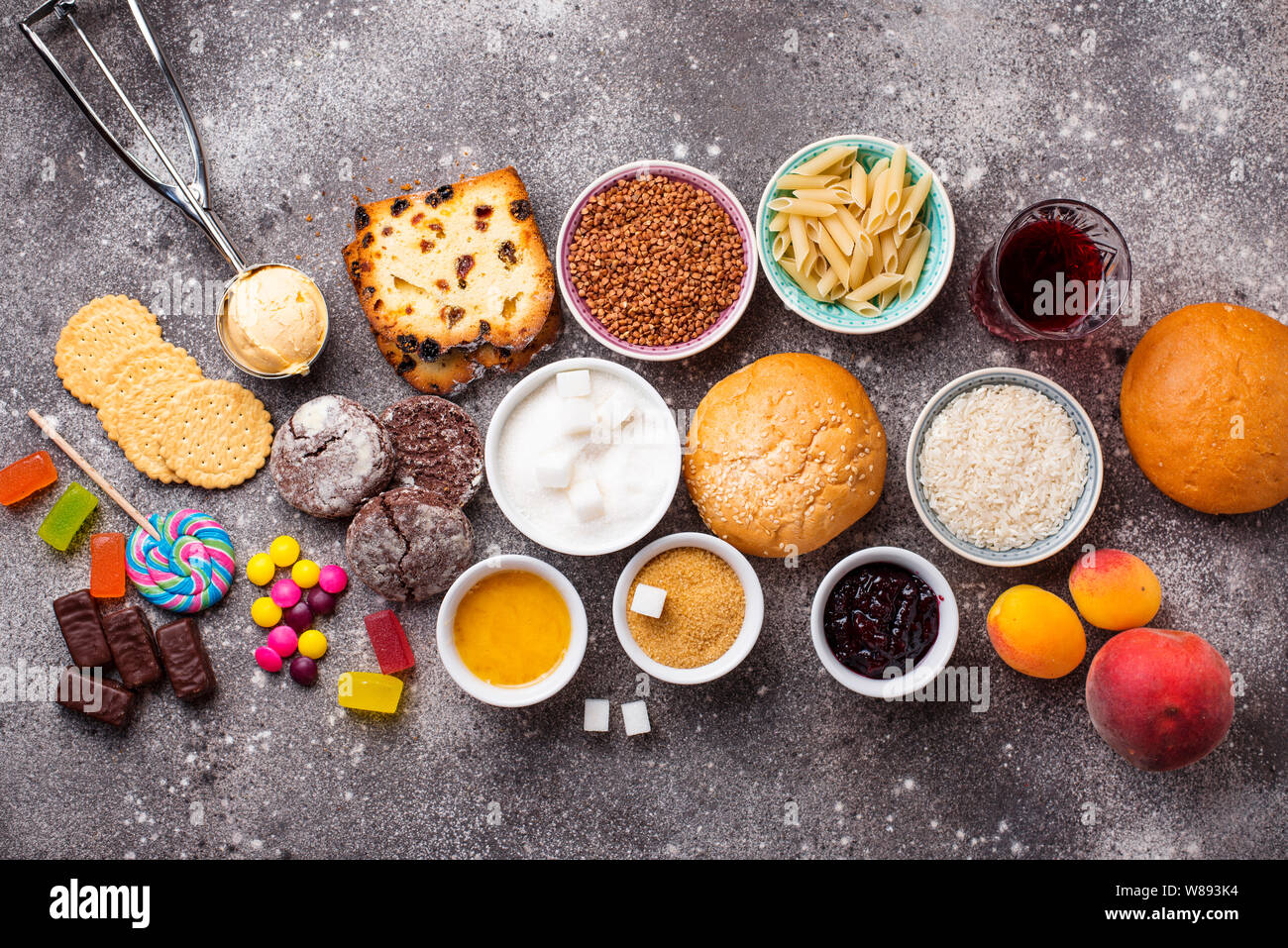 Assortment of simple carbohydrates food. Products high in sugar Stock ...