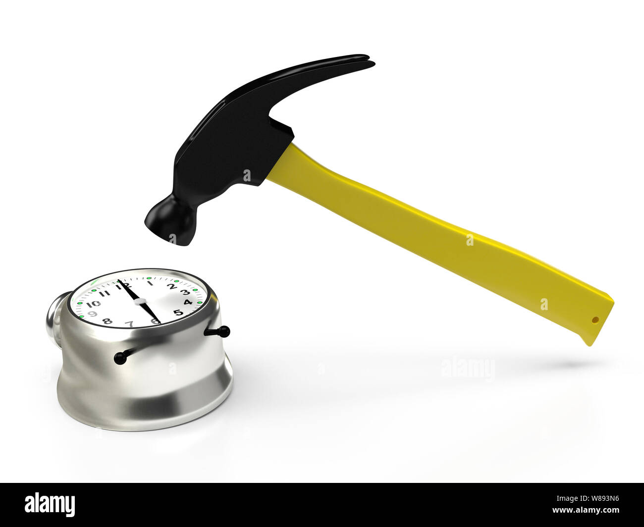 Hammer hitting the alarm clock, isolated on white. 3D rendering Stock ...
