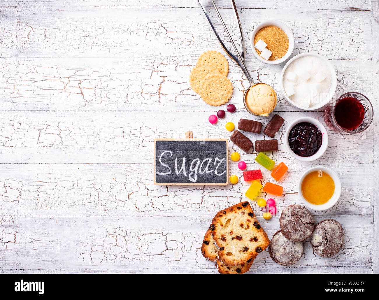 Unhealthy products high in sugar. Simple carbohydrates food Stock Photo ...