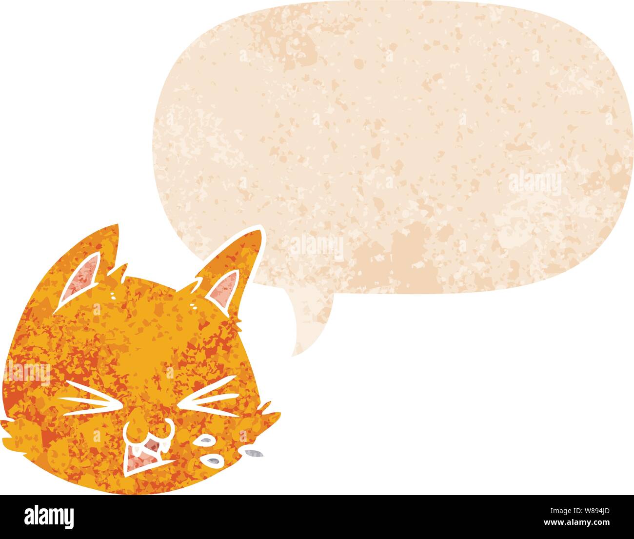 spitting cartoon cat face with speech bubble in grunge distressed retro ...