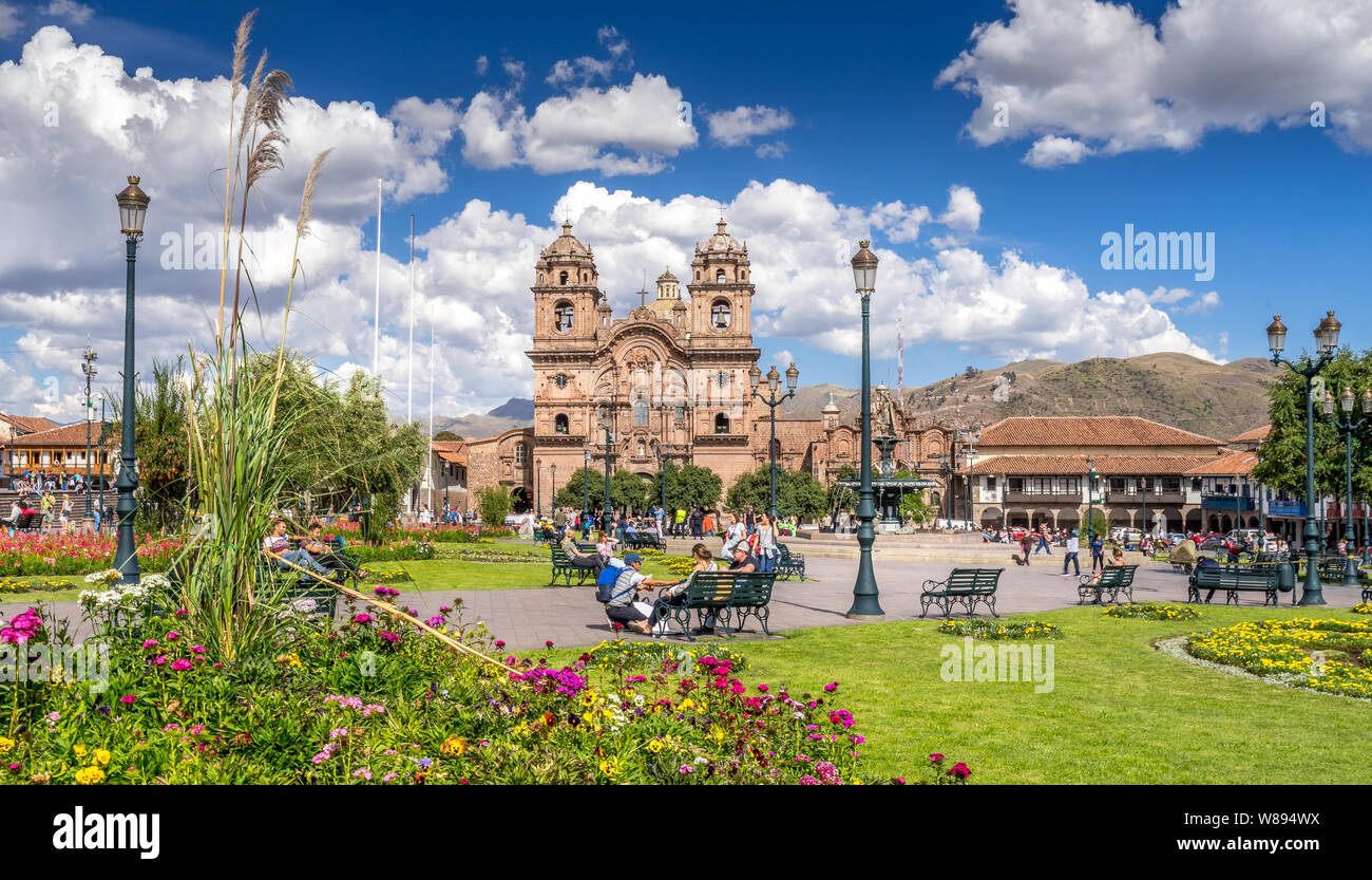 Cuzco, Peru - May3, 2019. The main square of Cusco, Plaza de Armas with its famous landmark ...