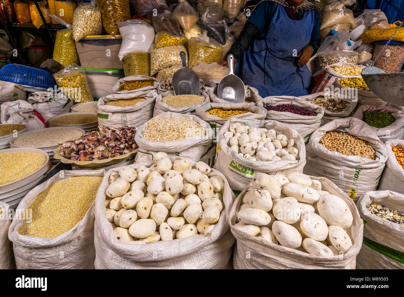 Display a local farm products in Peruvian market Stock Photo - Alamy