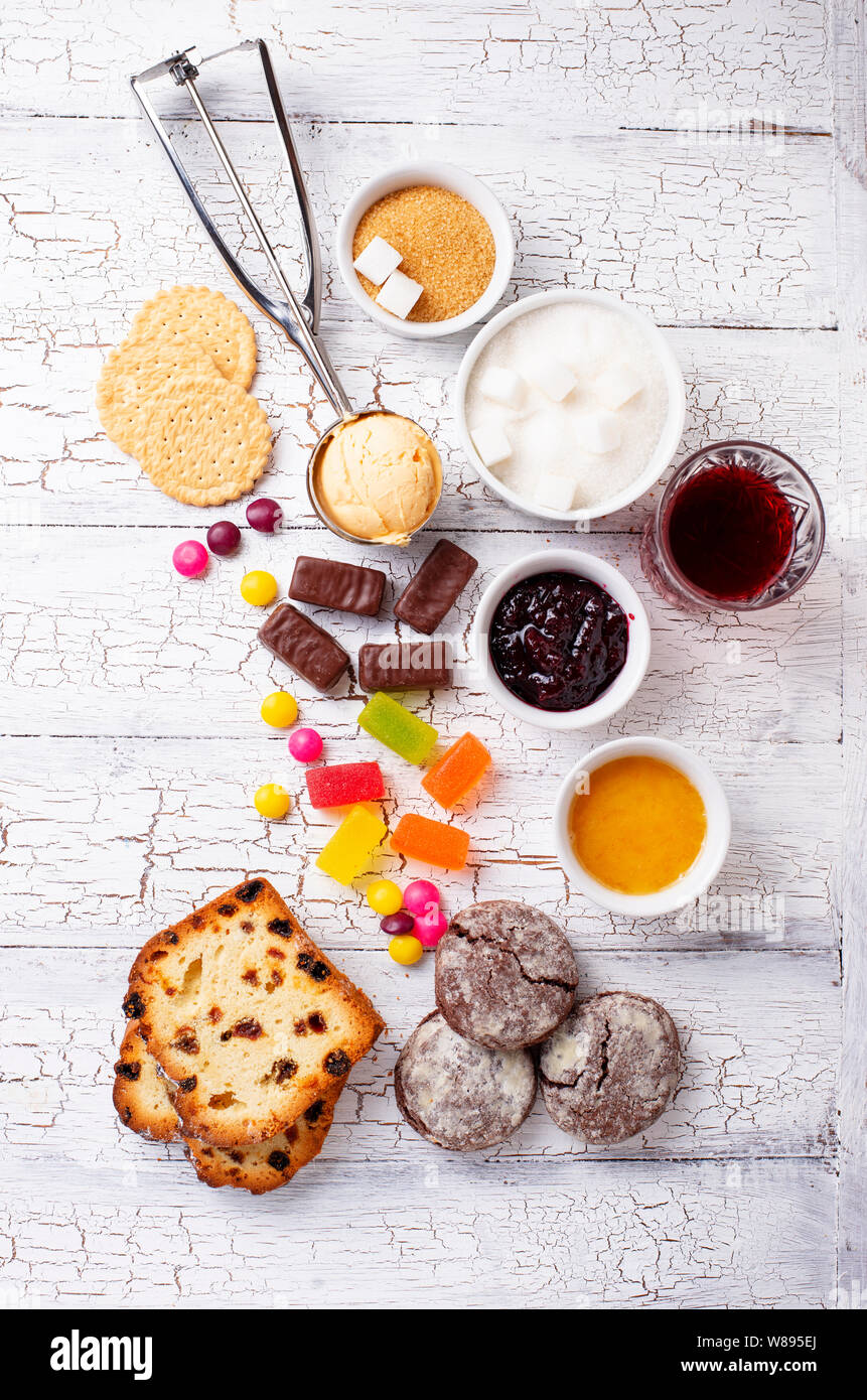 Unhealthy products high in sugar. Simple carbohydrates food Stock Photo ...