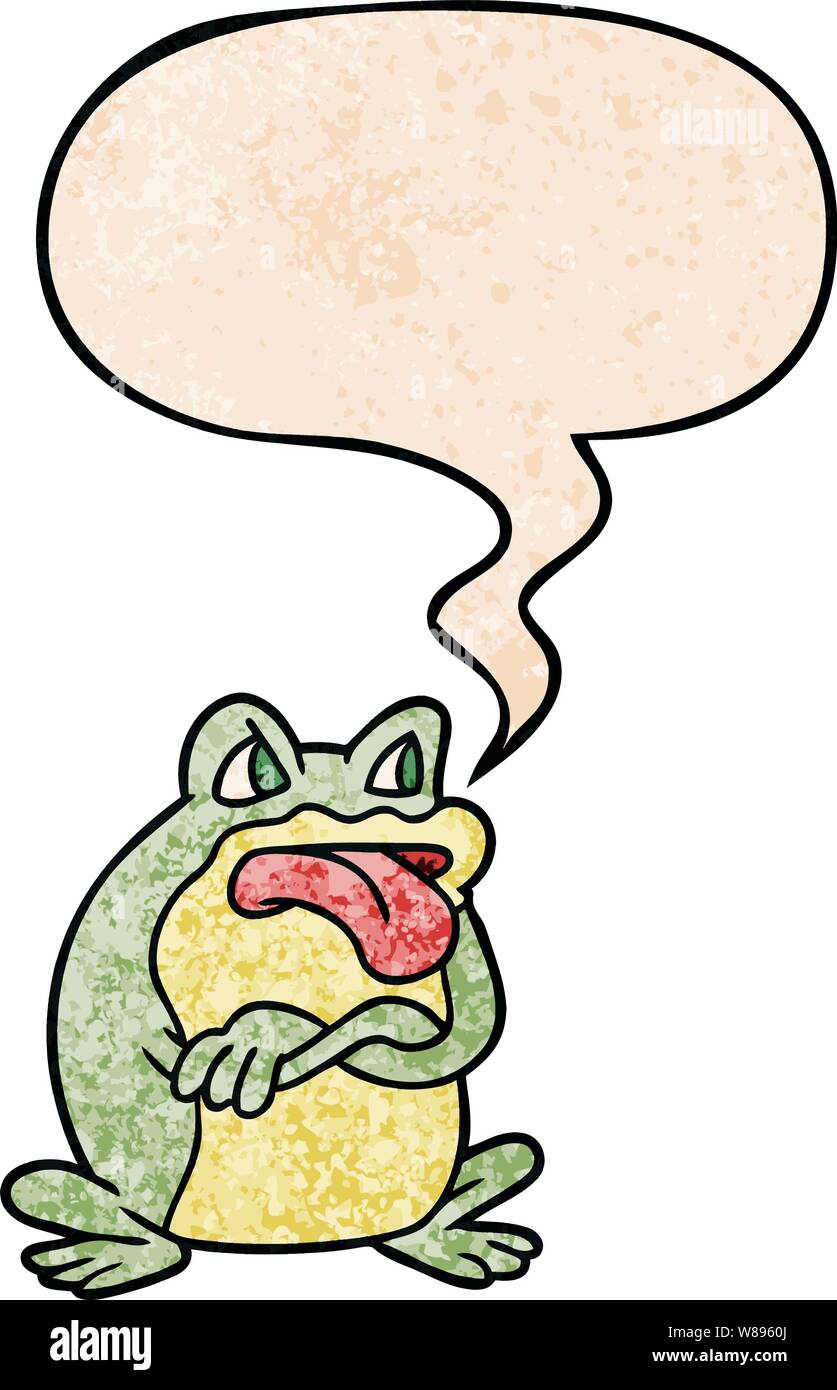 grumpy cartoon frog with speech bubble in retro texture style Stock ...