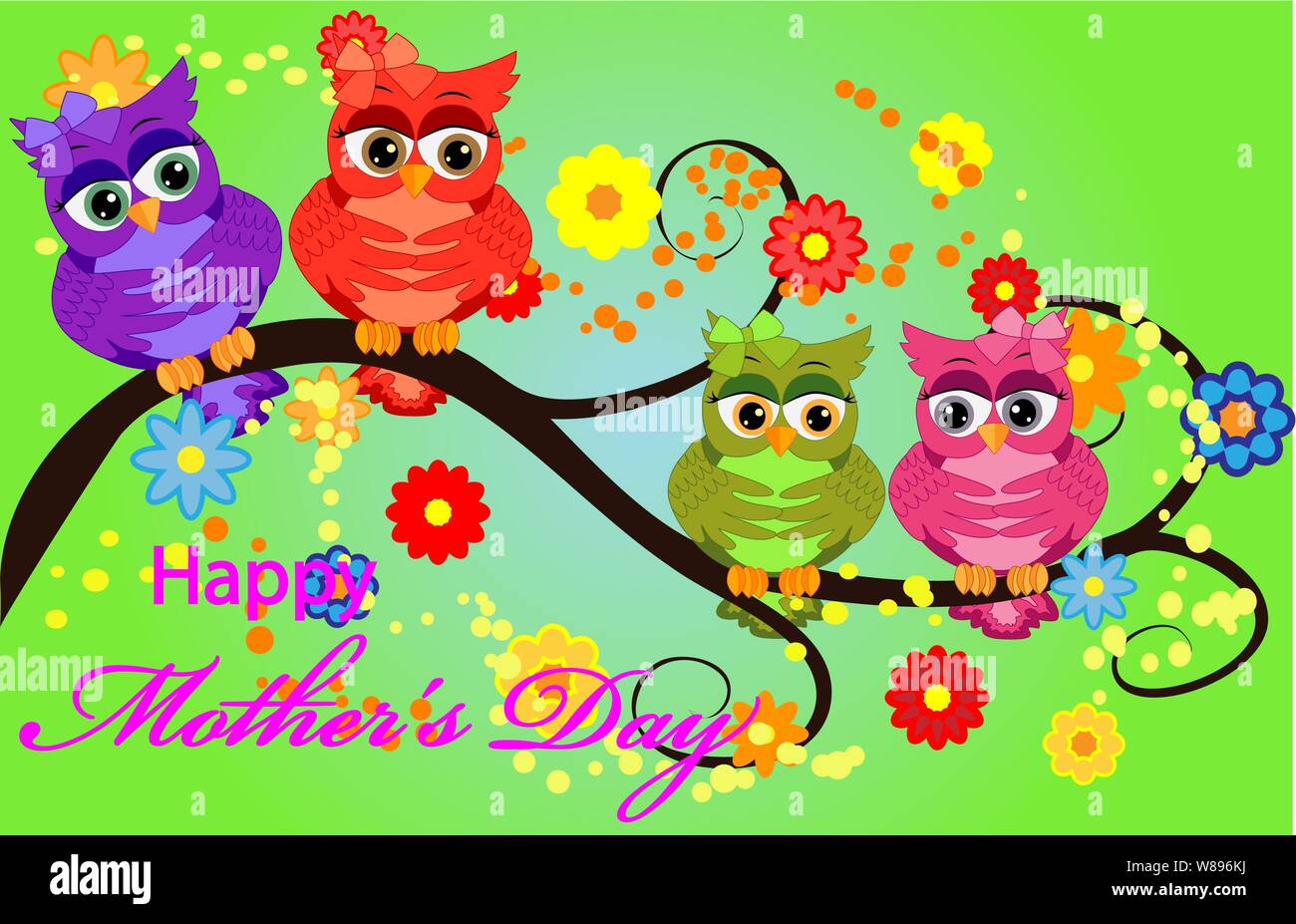 Mother's day owl. Cute illustration of happy mother and kid owl sitting ...
