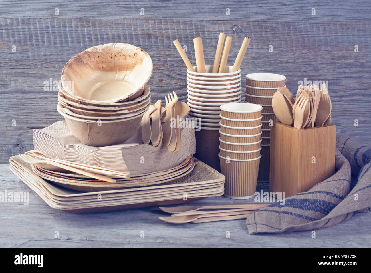 Eco friendly disposable tableware on a grey background Stock Photo - Alamy