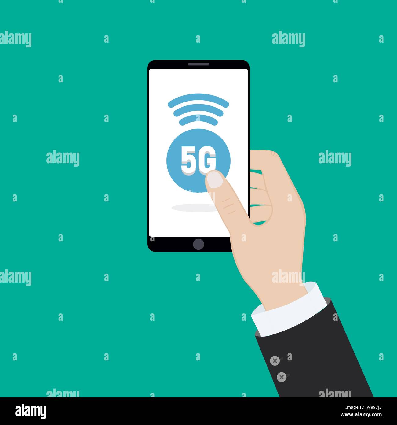 Man holding phone with 5G mobile network logo on screen. Business ...