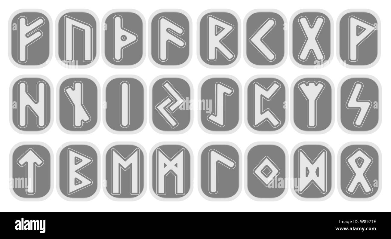 Set of old Norse runes. Runic alphabet, Futhark. Ancient occult Viking characters letters on ...