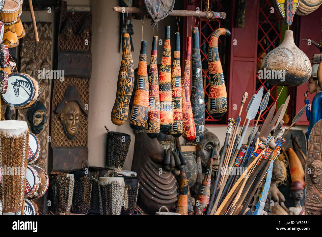 Variety of African souvenirs exposed for sale in local market Stock ...
