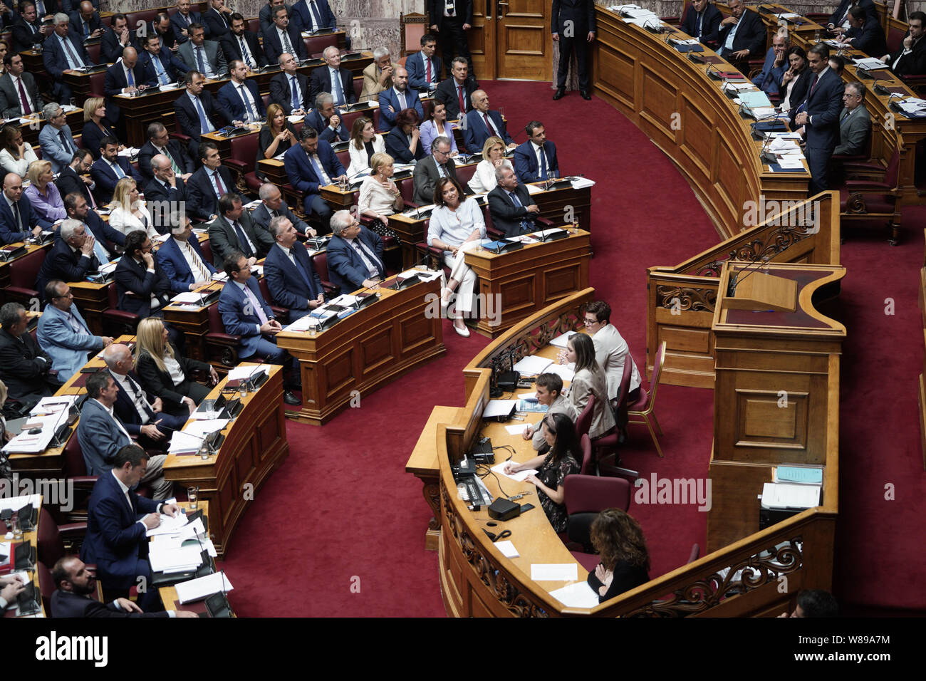 Athens, Greece. 8th Aug, 2019. Members of the Greek Parliament listen ...