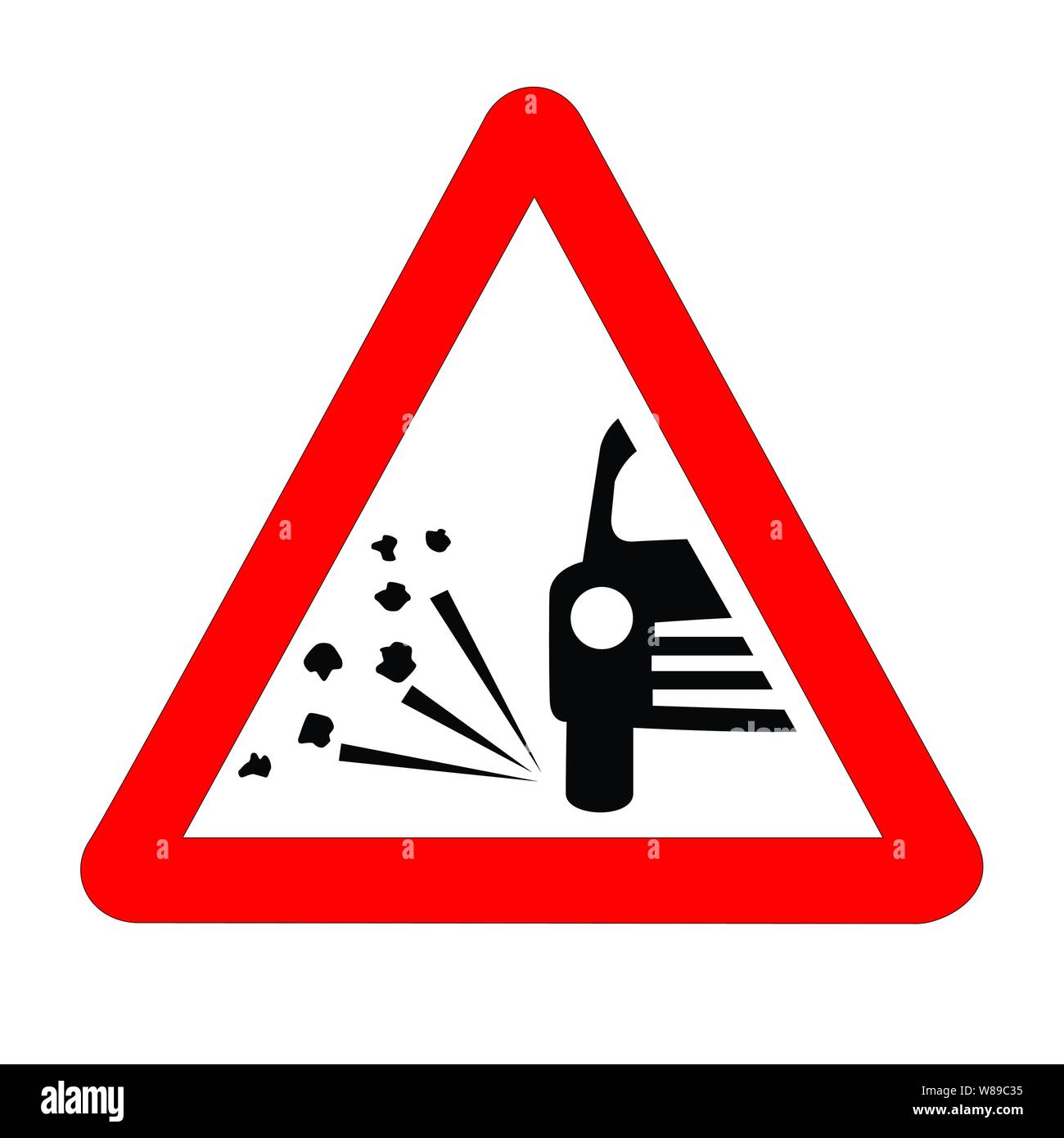 The traditional 'STONE CHIPPING WARNING' triangle, traffic sign isolated on a white background ...