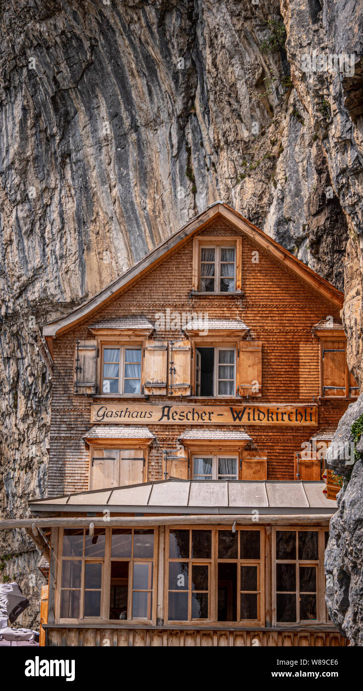 Famous tavern in the Alpstein mountains at Wildkirchli Switzerland ...