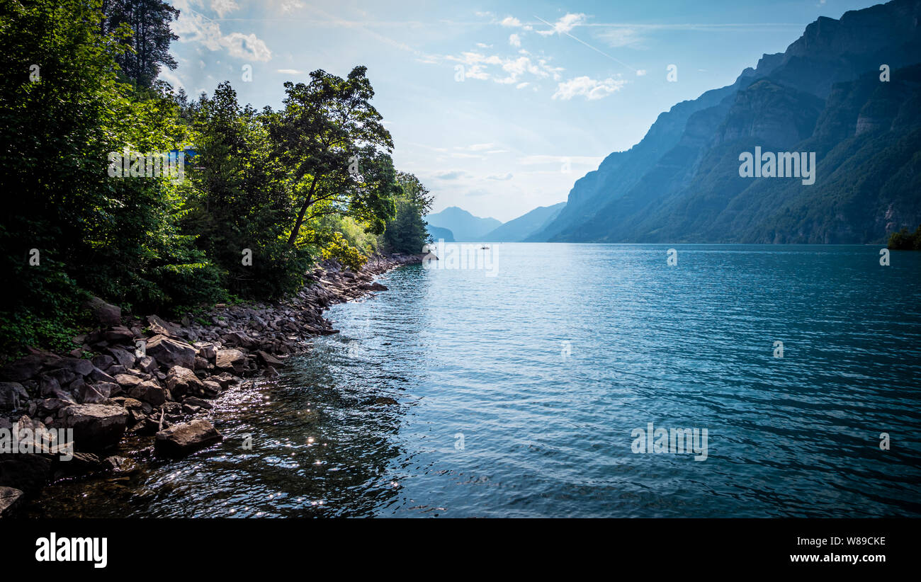 Beautiful blue water of lake walensee in switzerland travel photography ...
