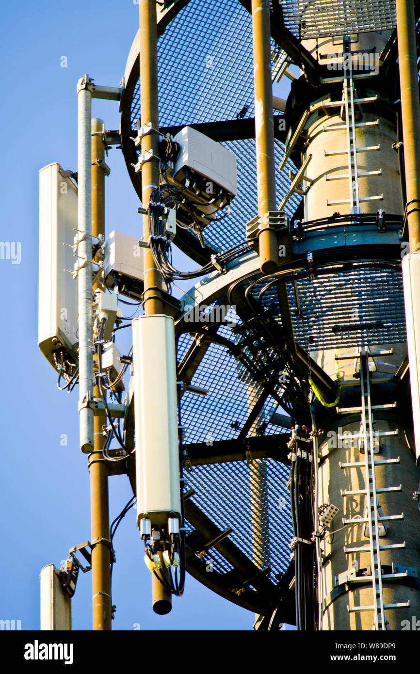 Detail of a transmitter tower against clear blue sky Stock Photo - Alamy