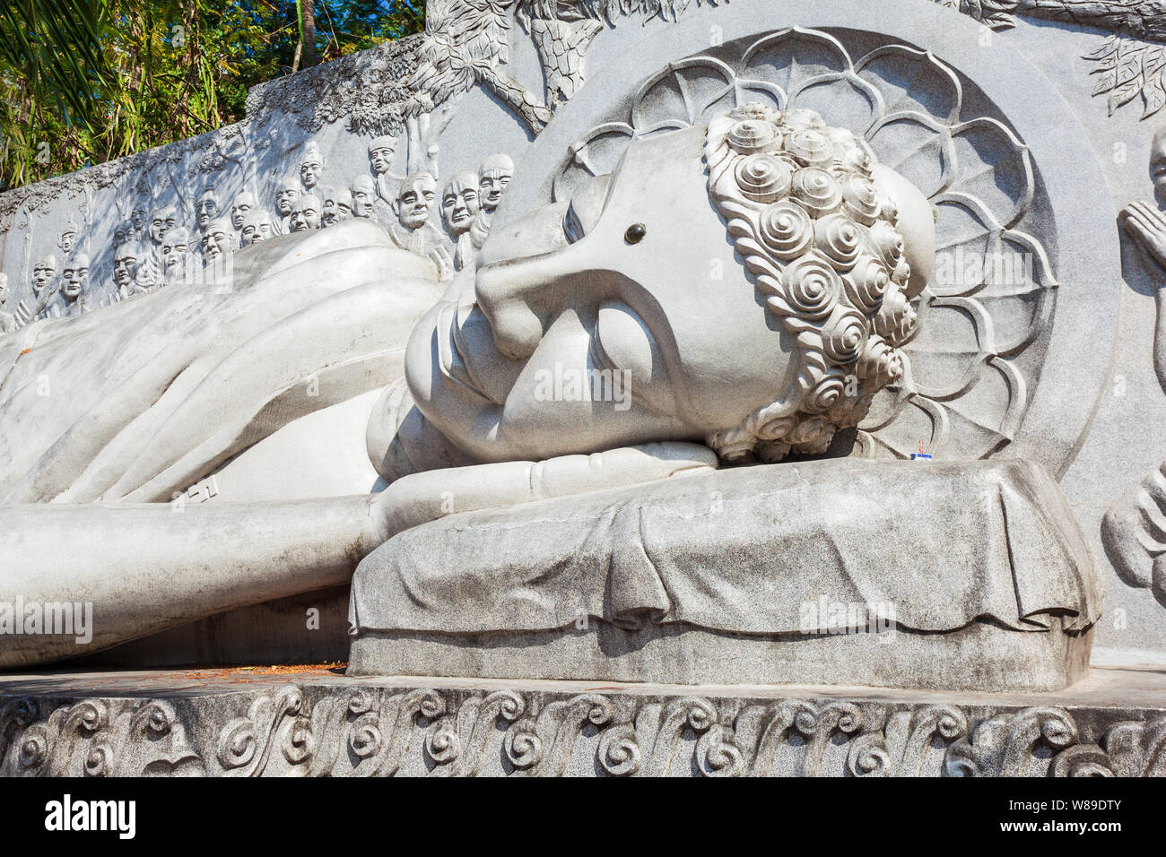Reclining buddha statue at the Long Son Pagoda or Chua Long Son, a ...