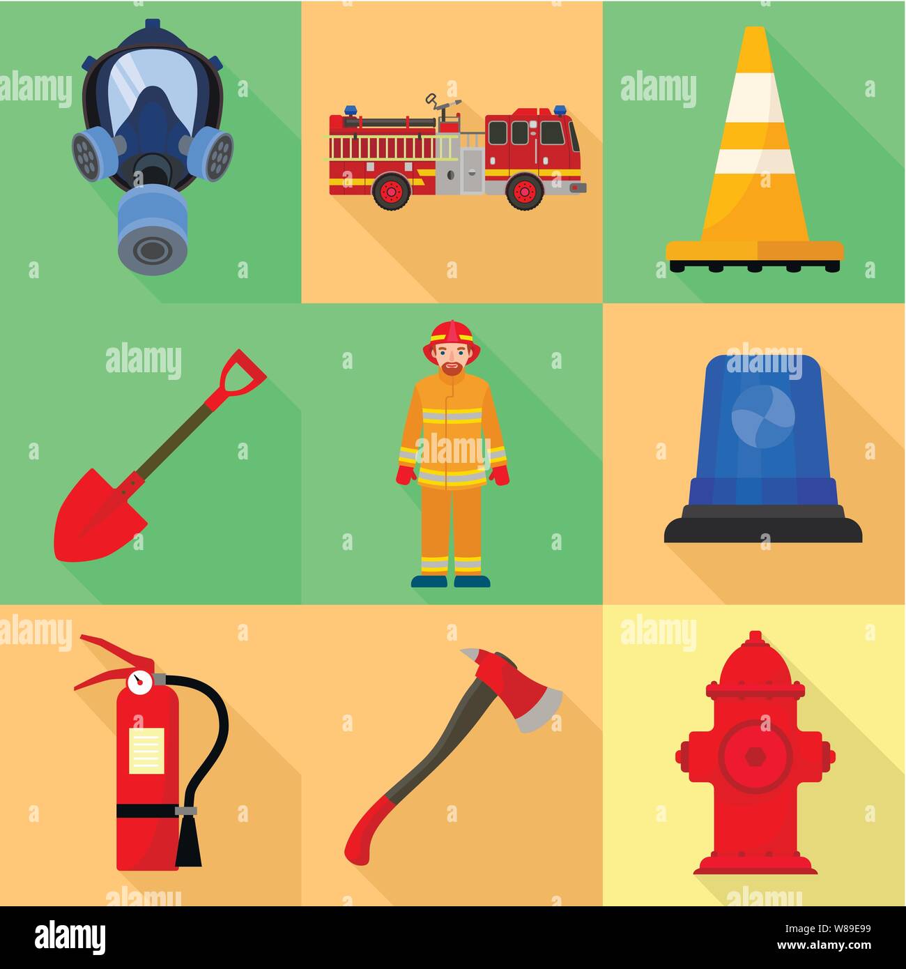 Firefighter equipment icon set. Flat set of 9 firefighter equipment ...