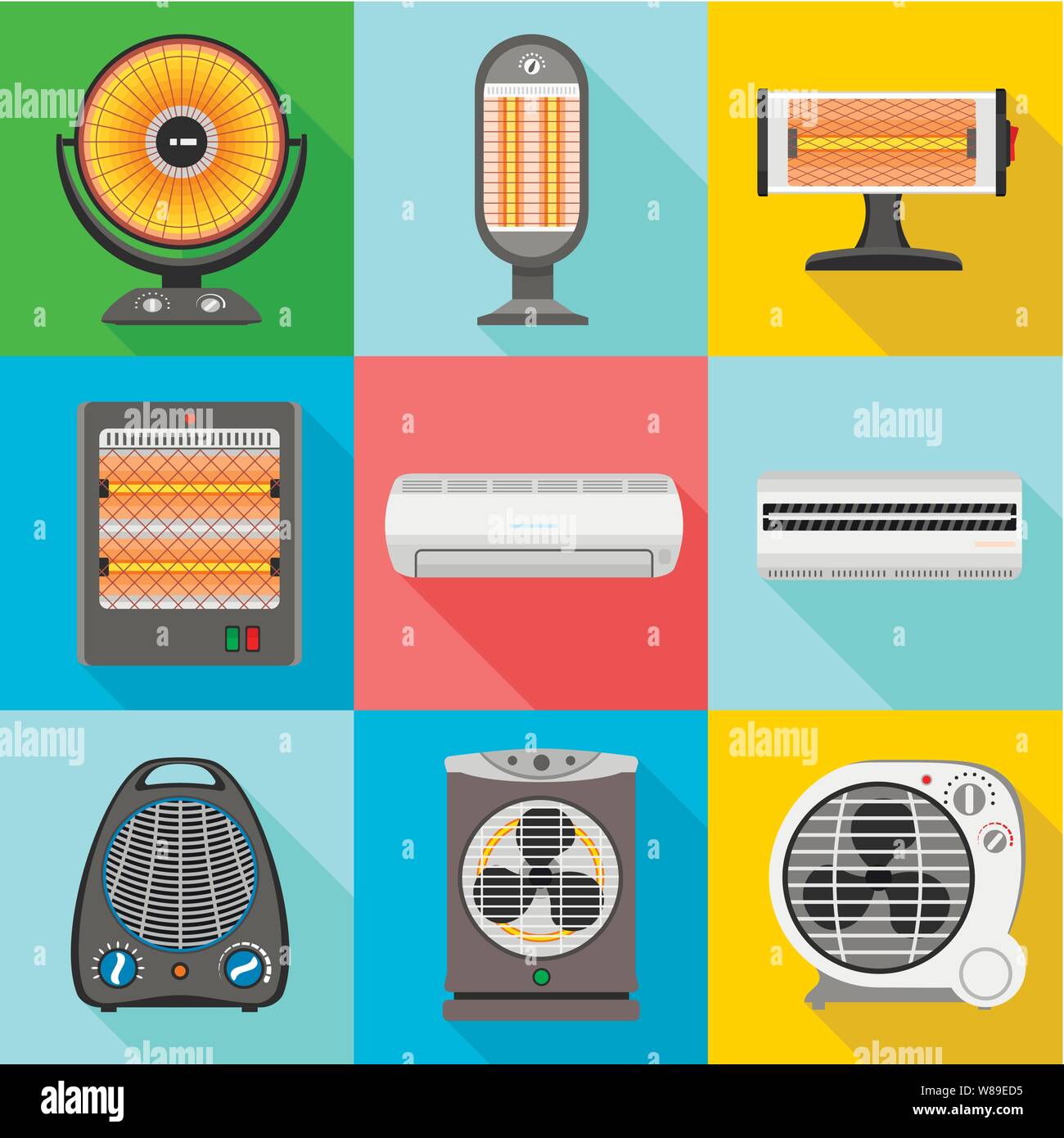 Home fan heater icon set. Flat set of 9 home fan heater vector icons ...