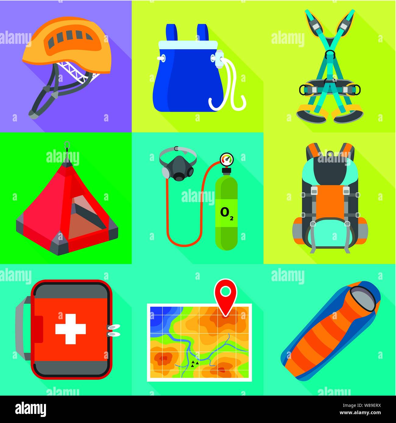 Climbing tools icon set. Flat set of 9 climbing tools vector icons for ...