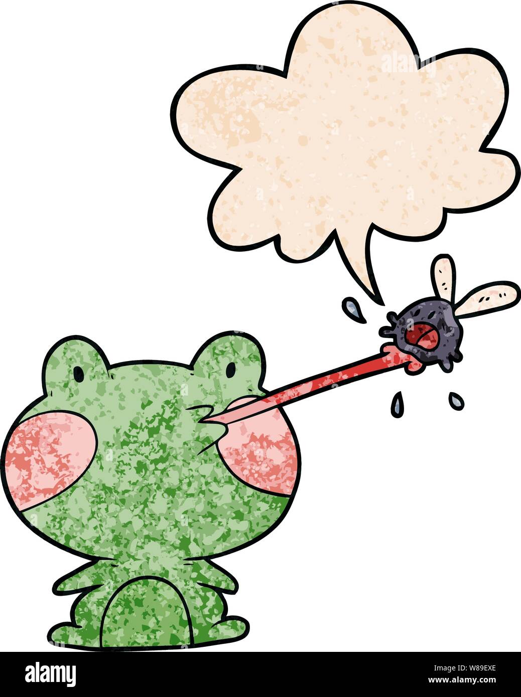 cute cartoon frog catching fly with tongue with speech bubble in retro ...