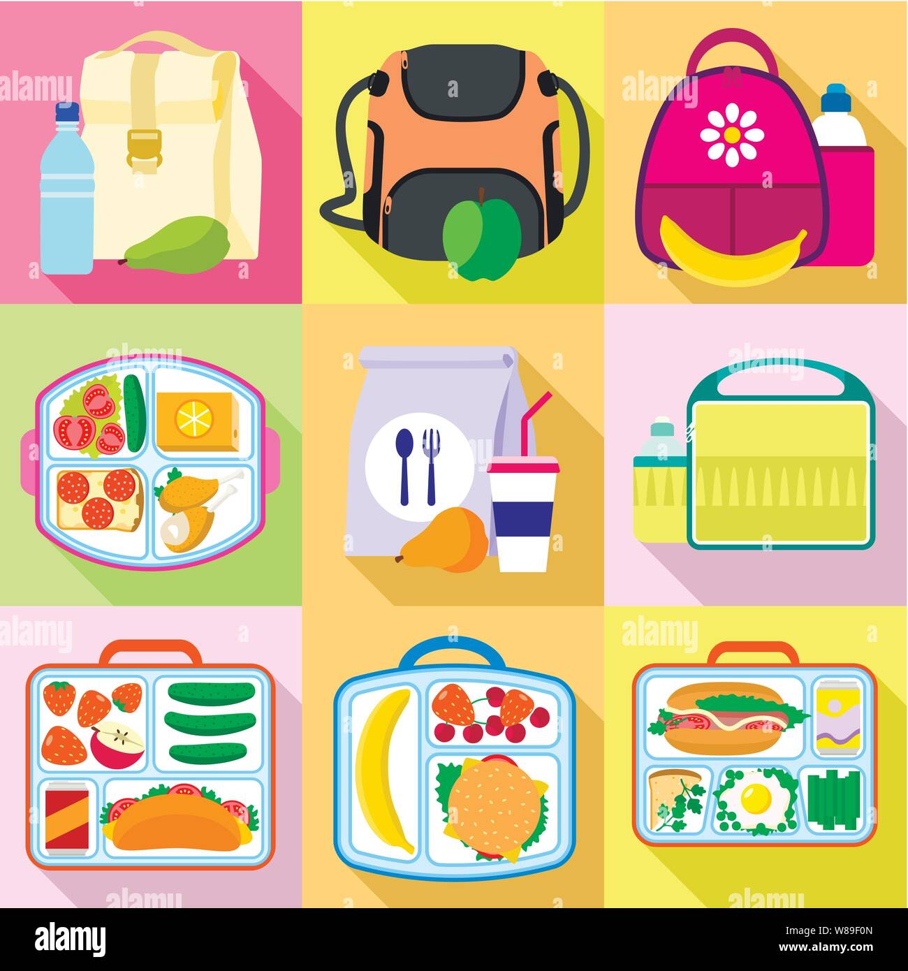 Lunchtime bag icon set. Flat set of 9 lunchtime bag vector icons for ...