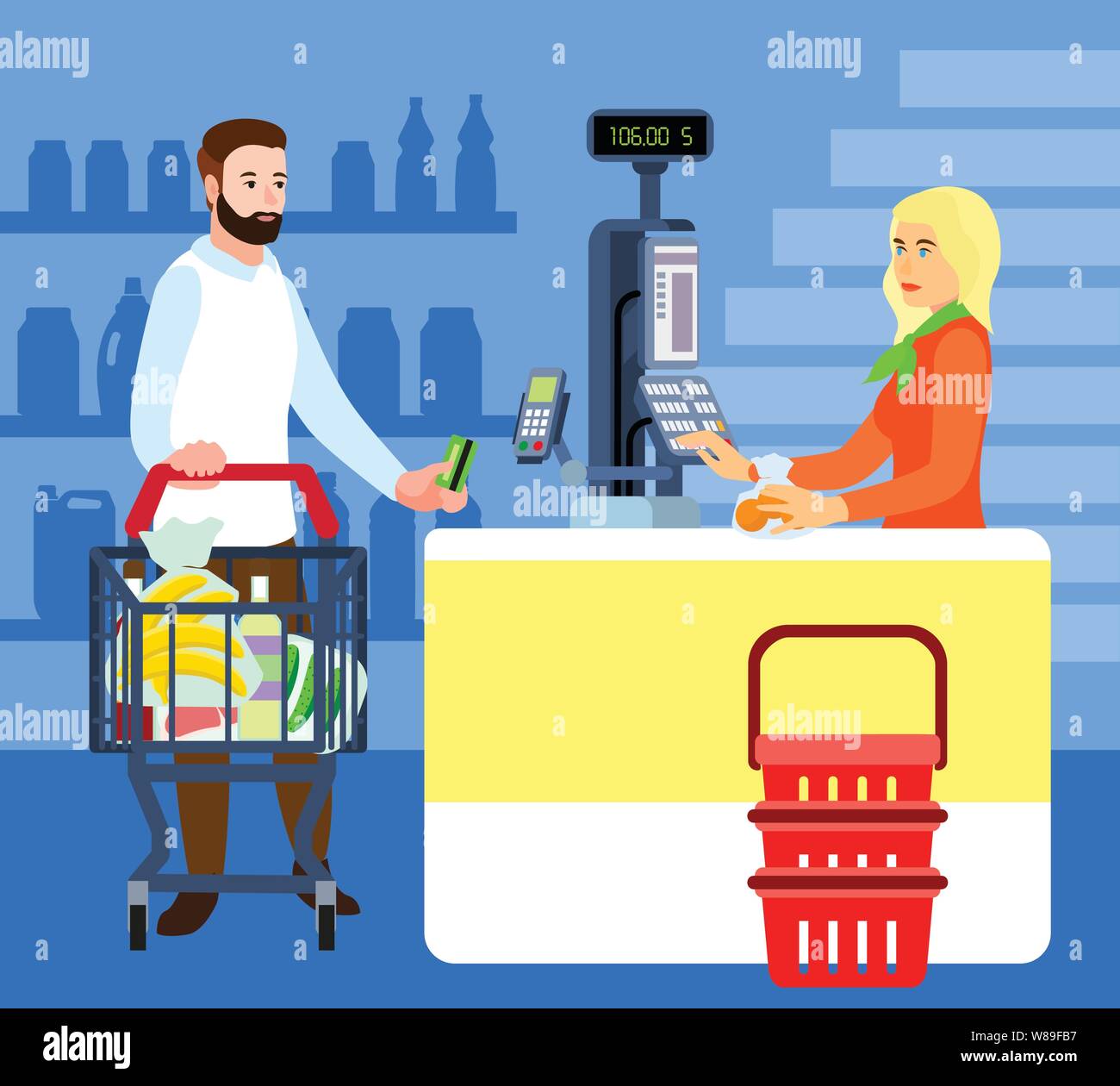 Market buyer and cashier concept background. Flat illustration of ...
