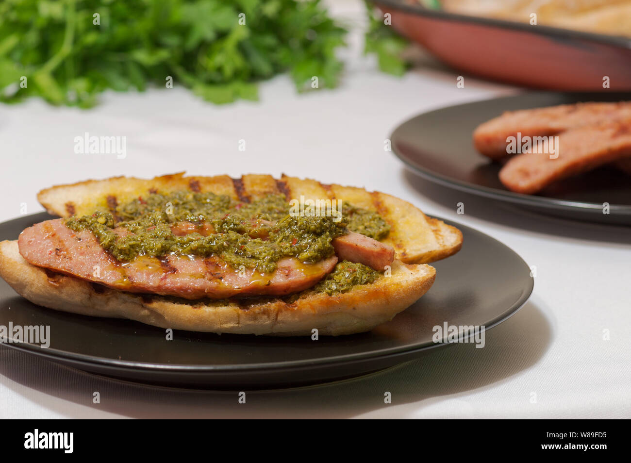 Choripan, south American style chorizo sandwich made with Argentine ...