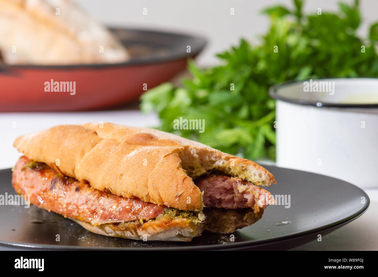 Choripan, south American style chorizo sandwich made with Argentine ...