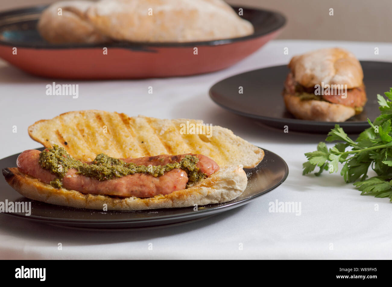 Choripan, south American style chorizo sandwich made with Argentine ...