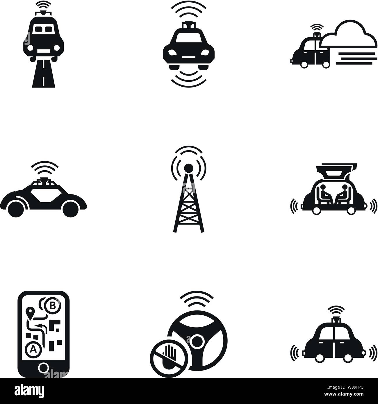 City driverless car icon set. Simple set of 9 city driverless car ...