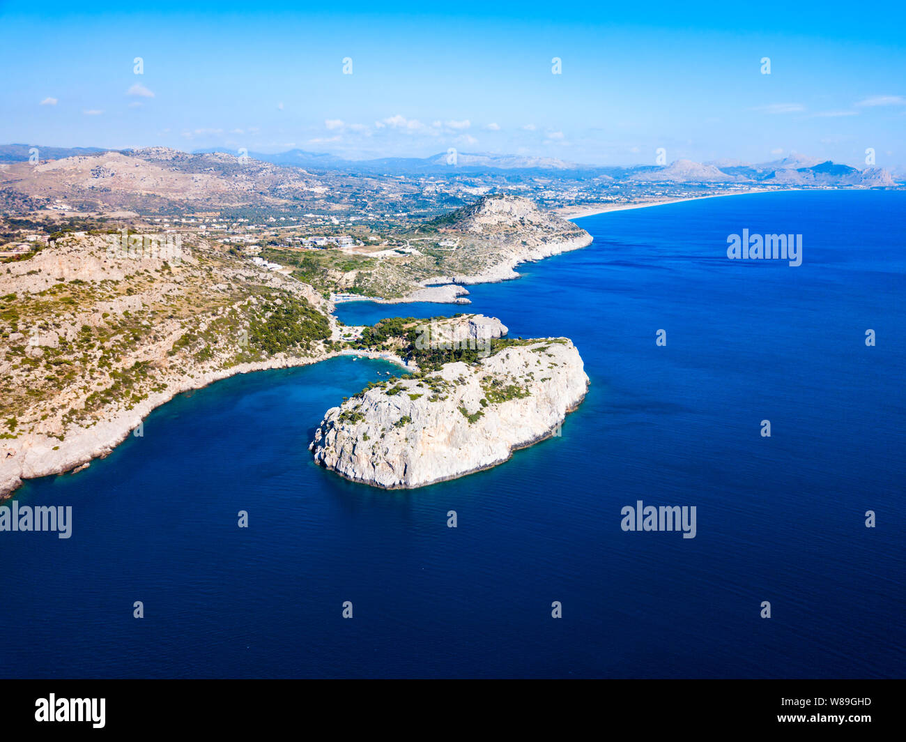 Ladiko beach and Anthony Quinn Bay aerial panoramic view in Rhodes ...
