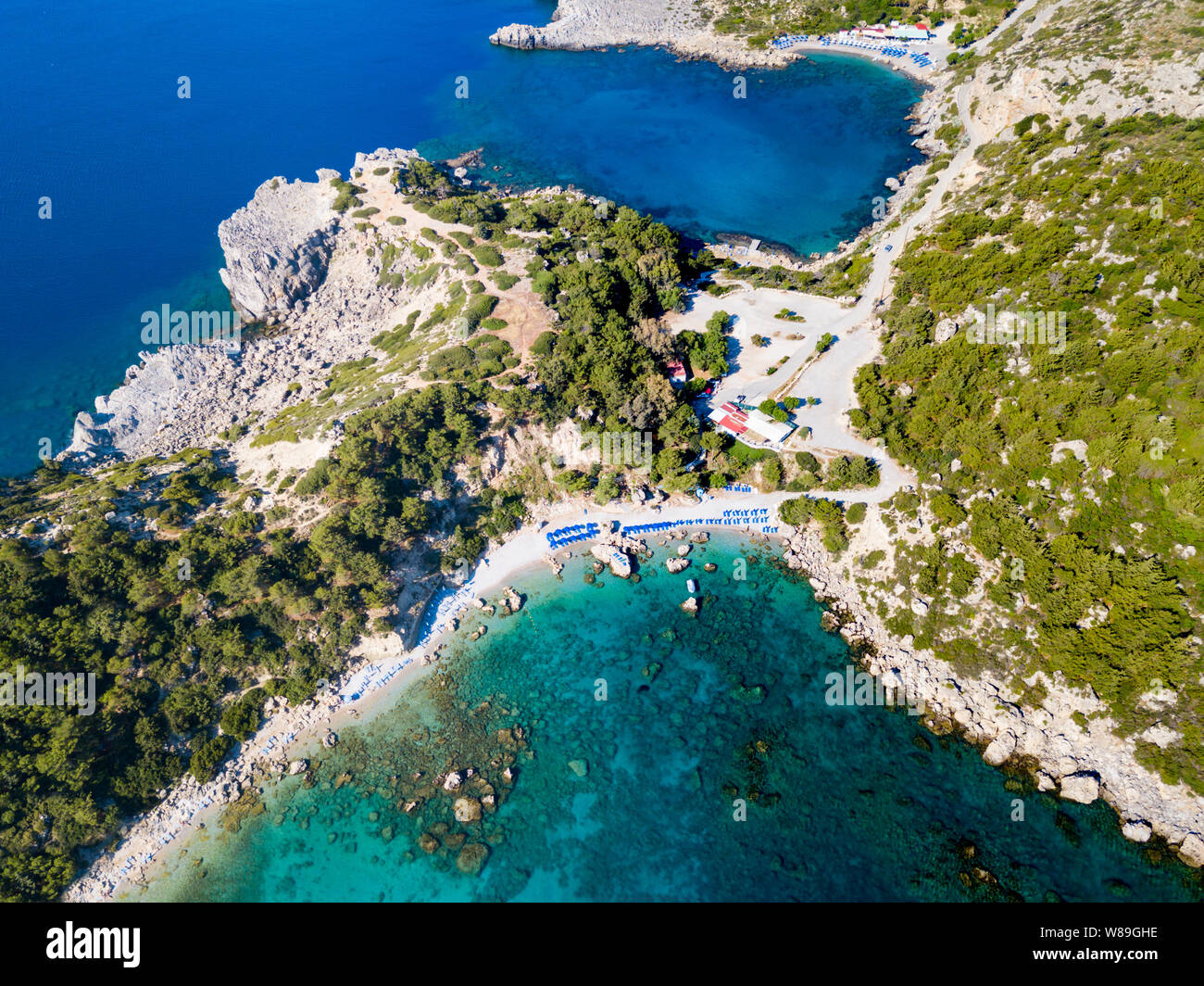Ladiko beach and Anthony Quinn Bay aerial panoramic view in Rhodes ...