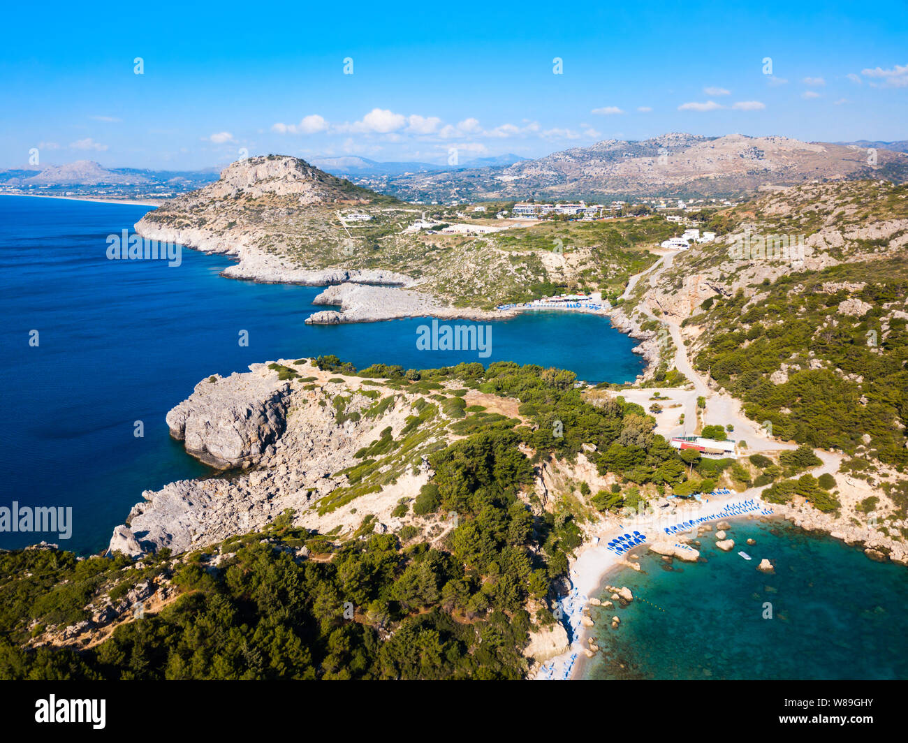 Ladiko beach and Anthony Quinn Bay aerial panoramic view in Rhodes ...