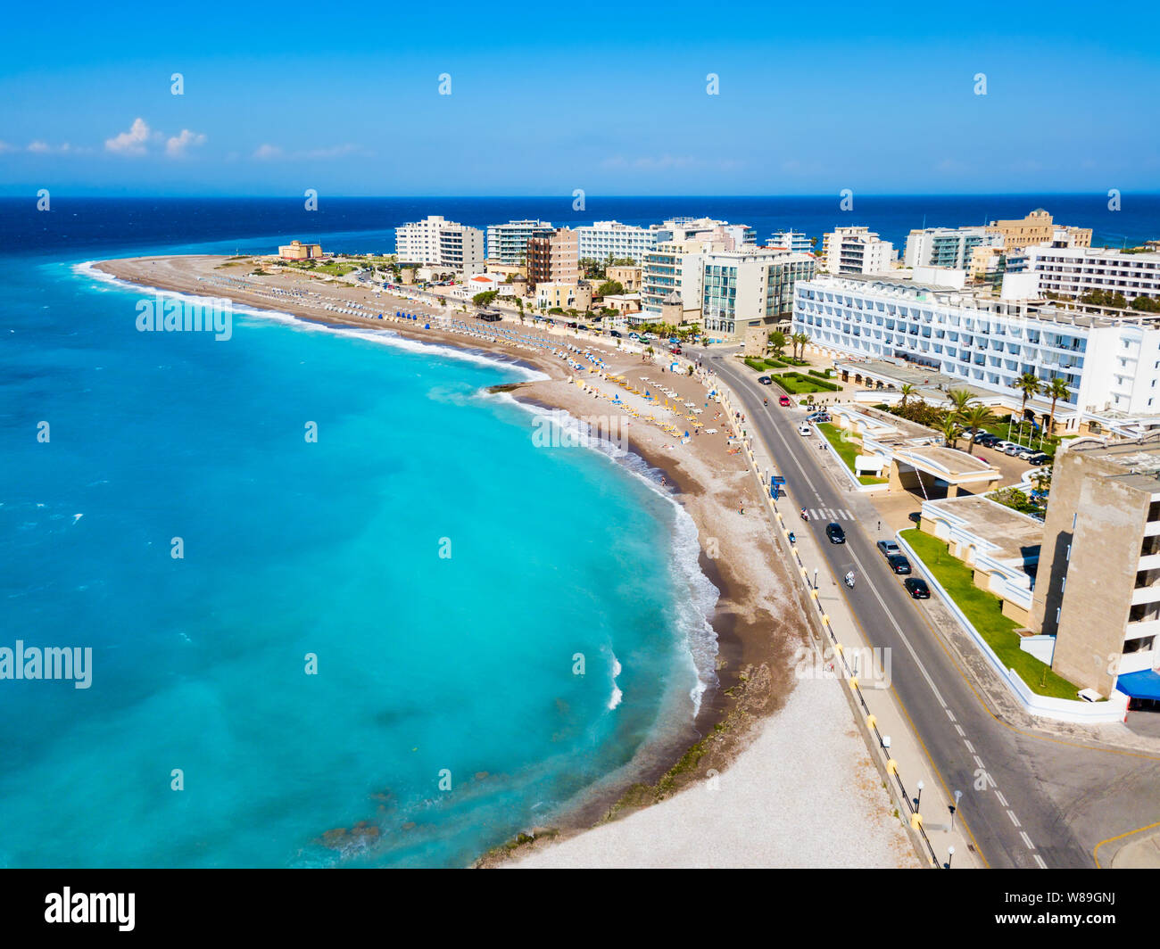 Rhodes city beach aerial panoramic view in Rhodes island in Greece ...