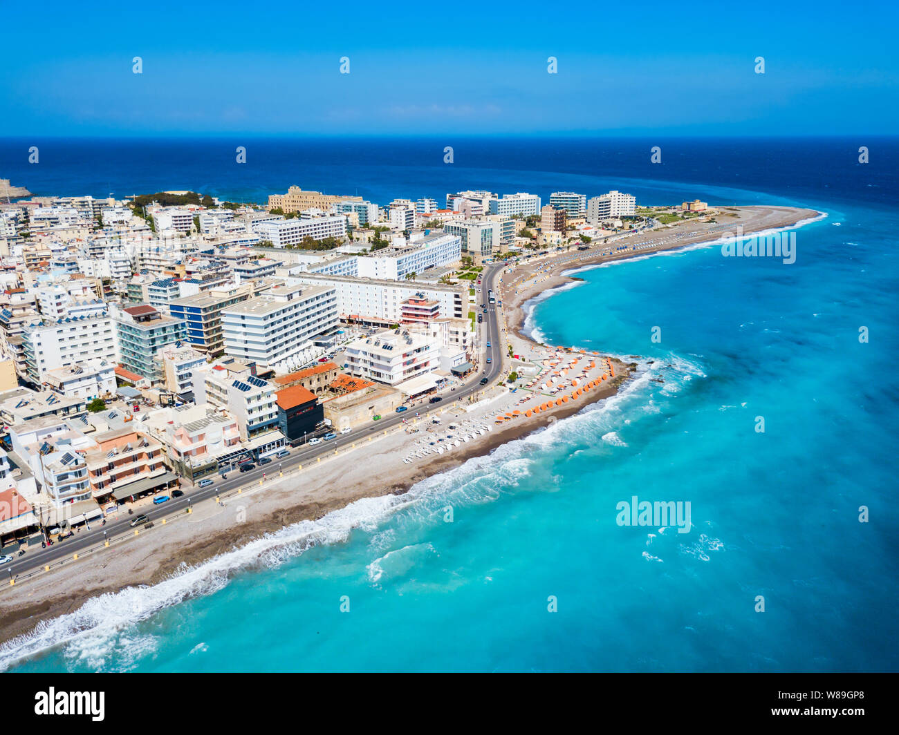 Rhodes city beach aerial panoramic view in Rhodes island in Greece ...