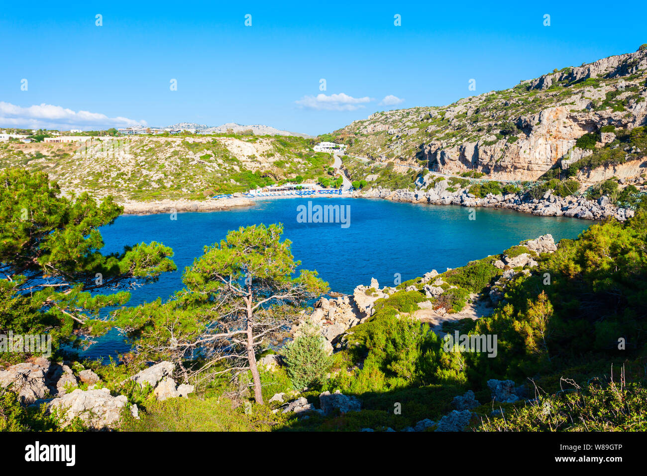 Ladiko beach and Anthony Quinn Bay aerial panoramic view in Rhodes ...