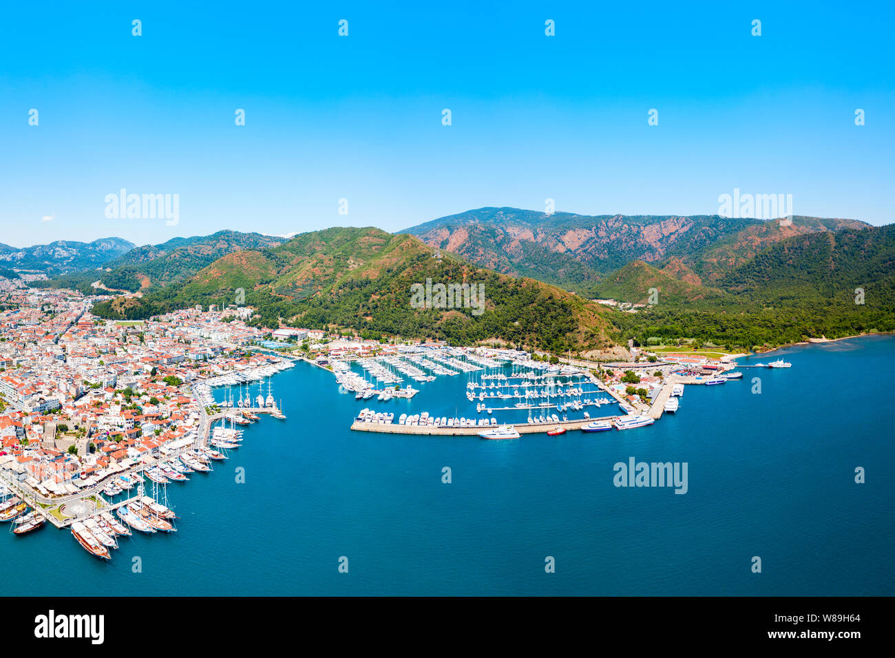Marmaris marina with yachts aerial panoramic view in Turkey Stock Photo ...