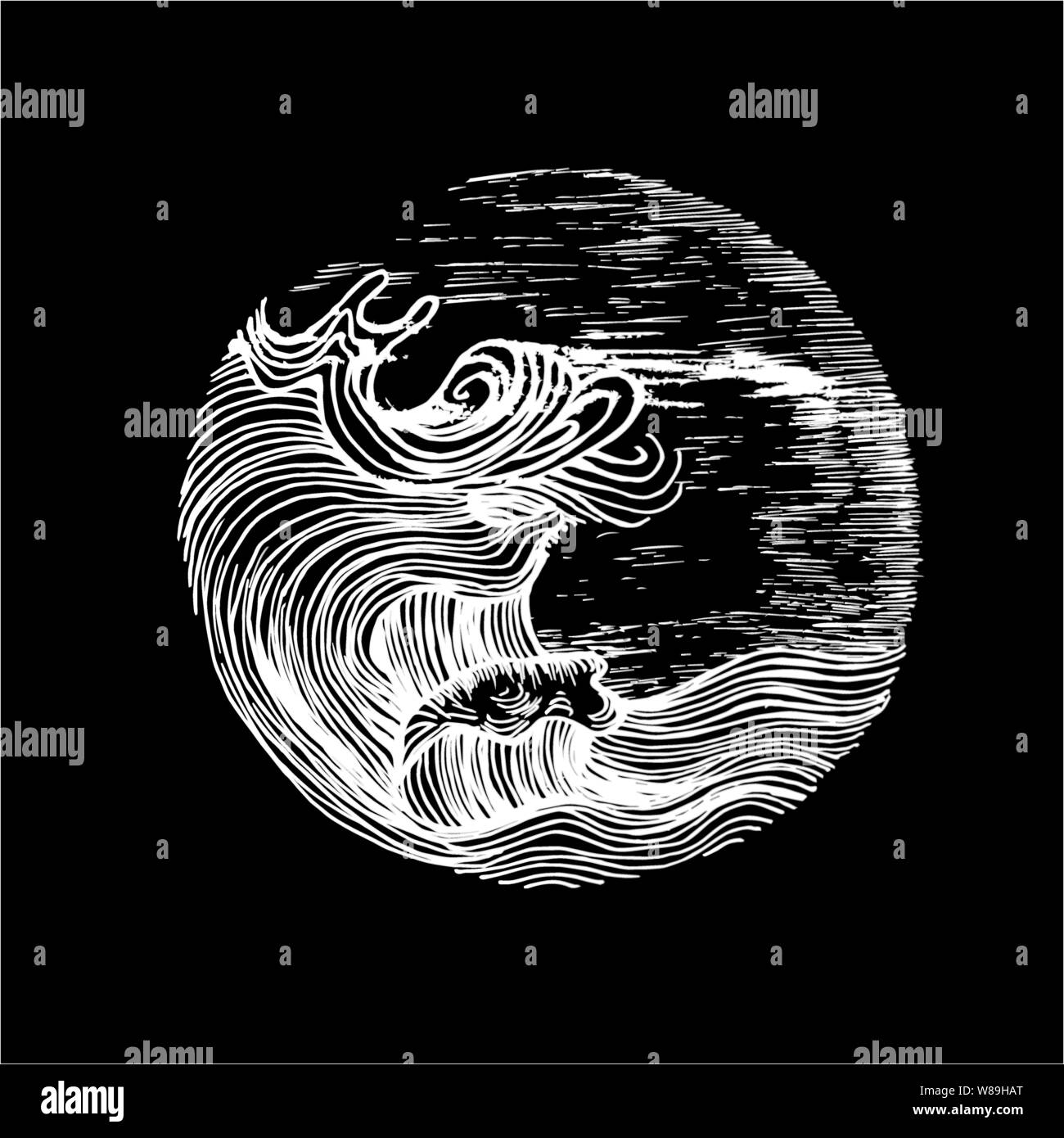 Black white illustration of sea waves and sky in hatching style. Tattoo ...