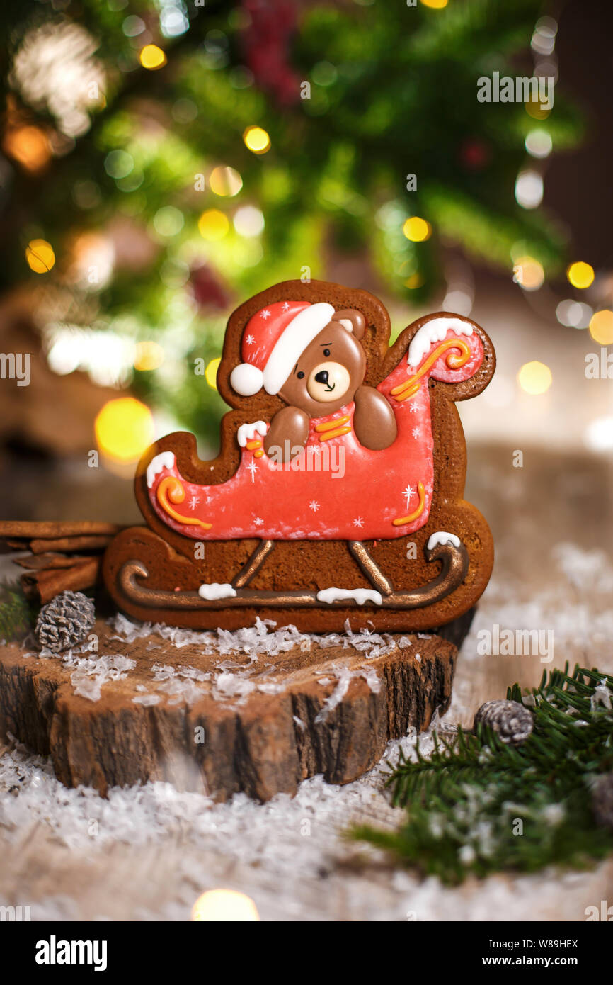 Holiday traditional food bakery. Gingerbread christmas bear in sleigh ...