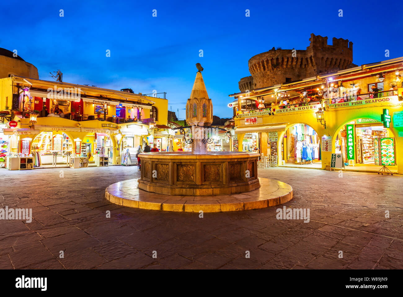 RHODES, GREECE - MAY 11, 2018: Hippocrates fountain at the Rhodes old ...
