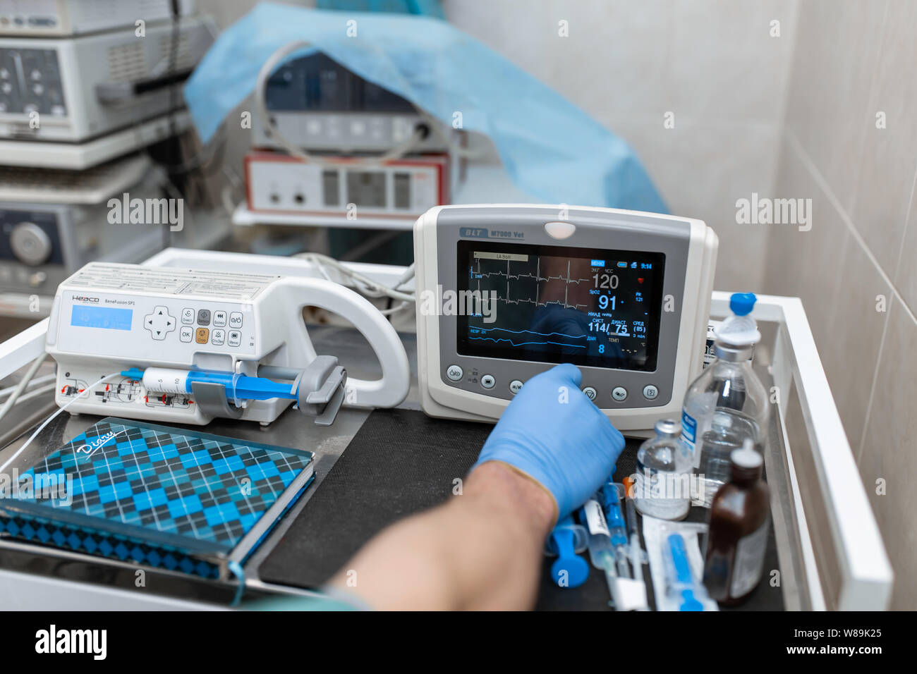 Heart rate monitor in hospital theater. Medical vital signs monitor ...