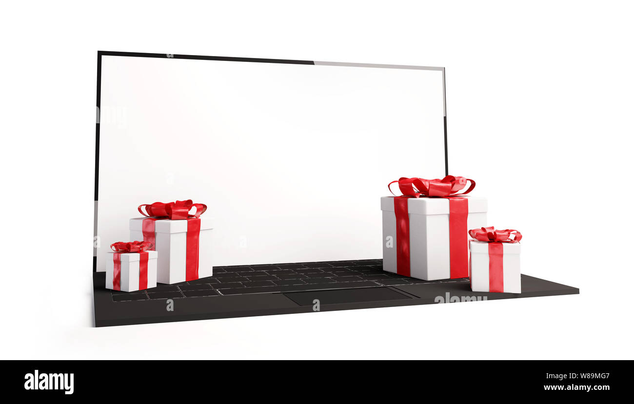 computer with festive presents isolated on white background 3d ...