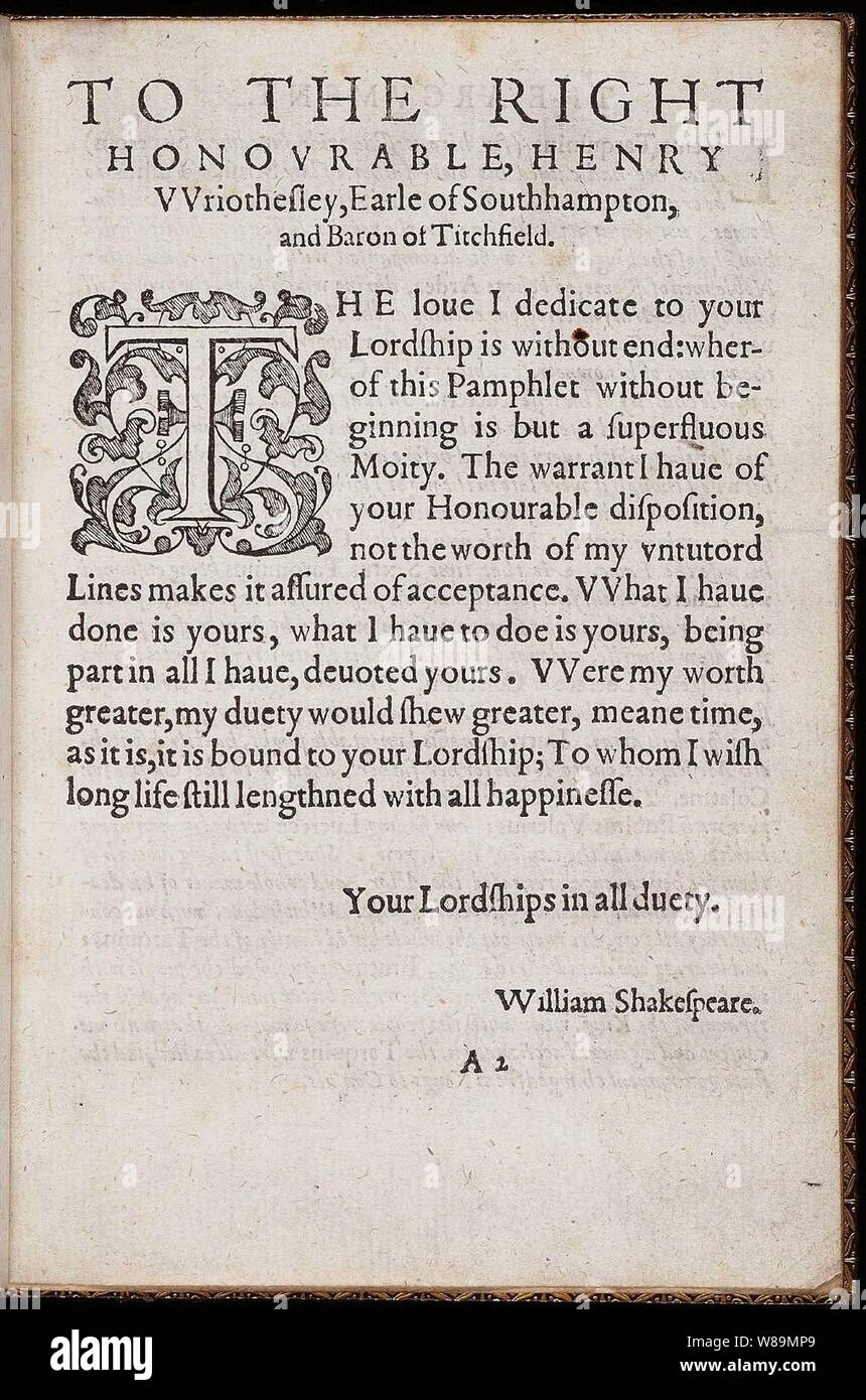Dedication page of The Rape of Lucrece by William Shakespeare 1594 ...