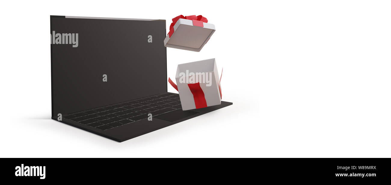 computer isolated on white background with opened surprise box 3d ...