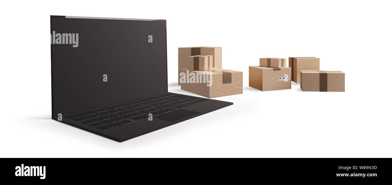 computer with postal packages isolated on white background 3d ...