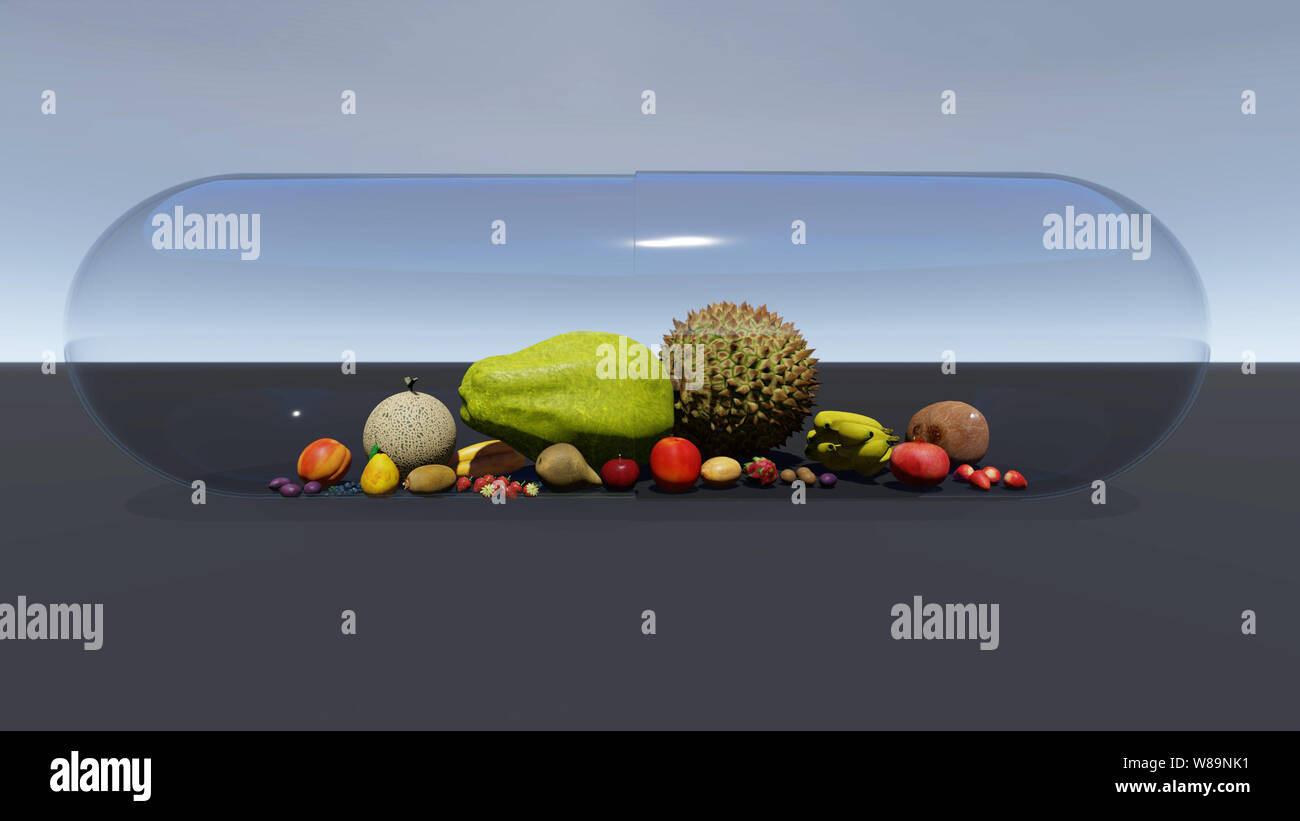 Fruit in the pill capsule 3D rendering Stock Photo - Alamy