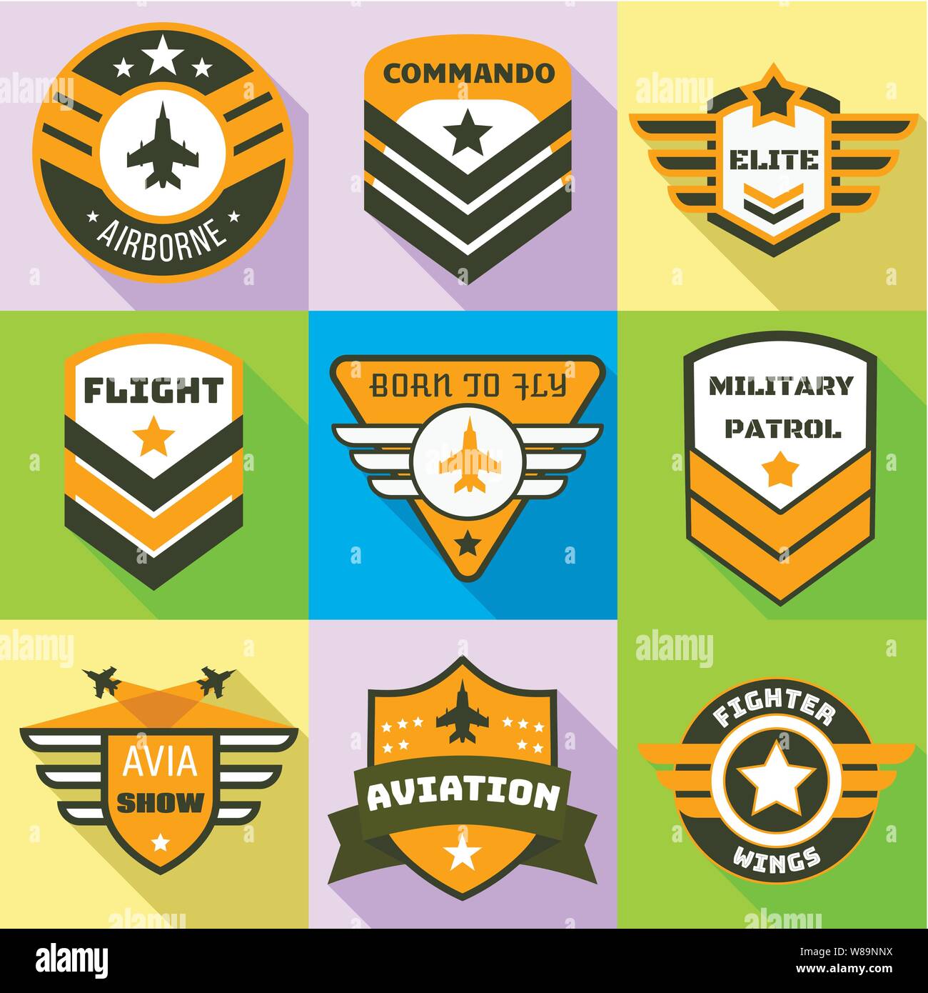 Military patrol logo set. Flat set of 9 military patrol vector logo for ...