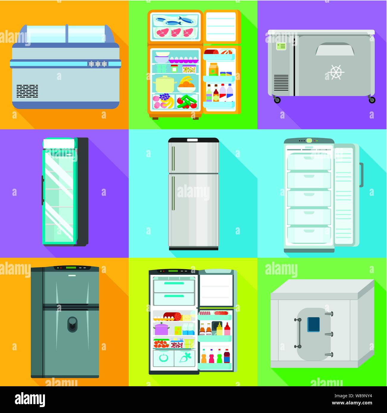 Modern refrigerator icon set. Flat set of 9 modern refrigerator vector ...